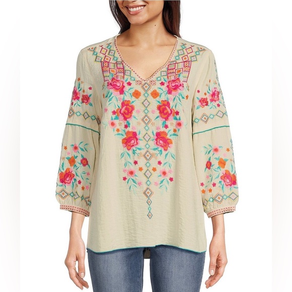 John Mark | Tops | John Mark Floral Embroidered Vneck 34 Cuffed Sleeve ...